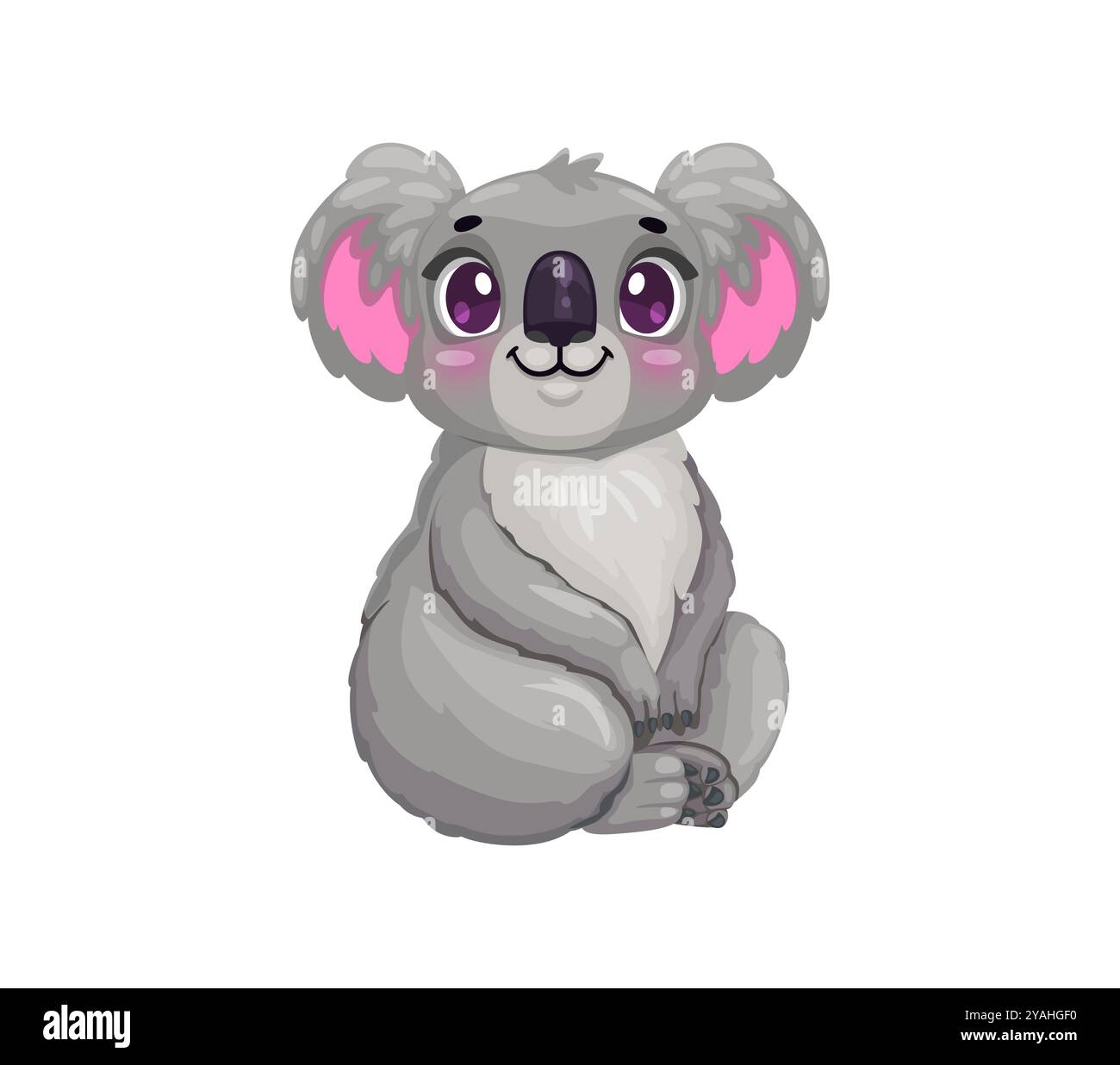 Cartoon cute koala bear character with big purple eyes and pink ears ...