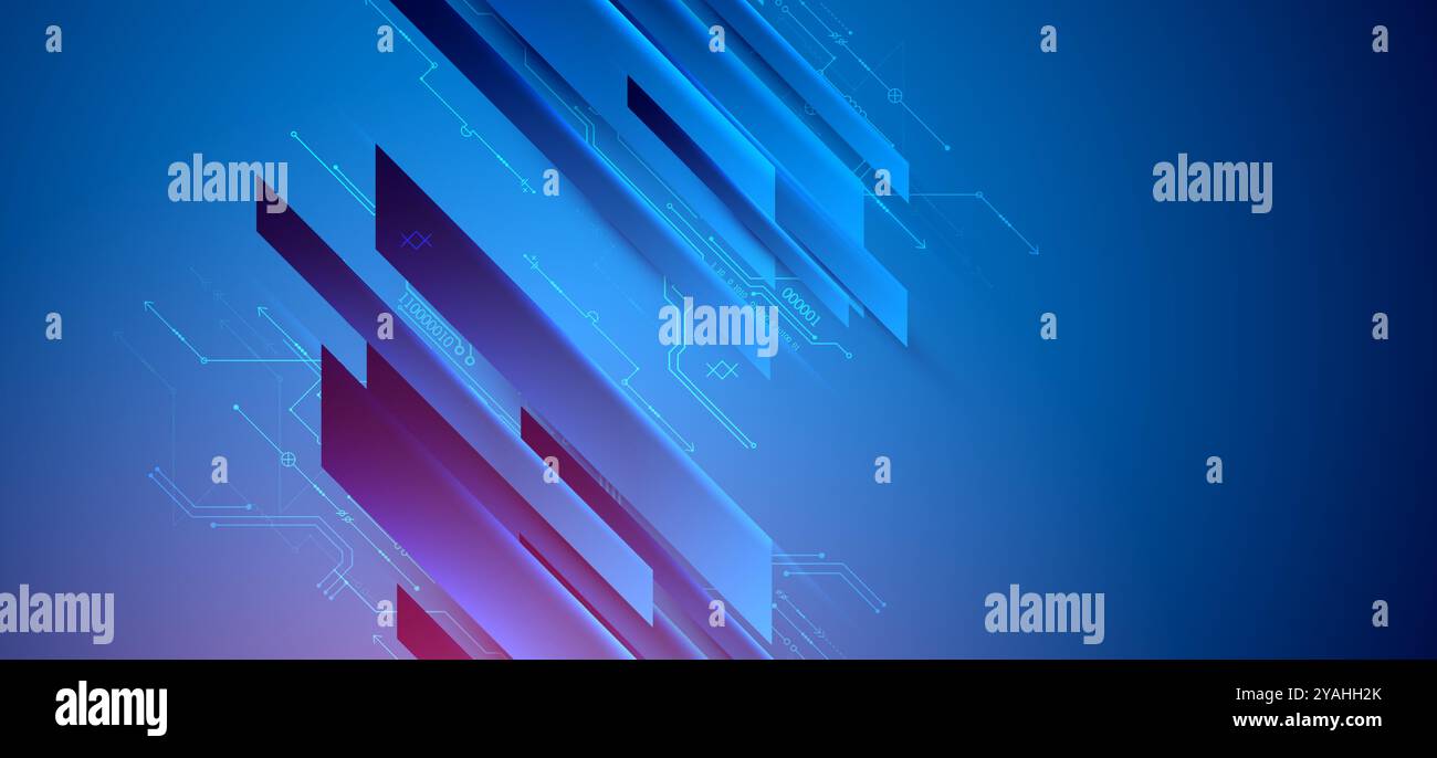Abstract technological illustration with neon lights on a dark blue ...