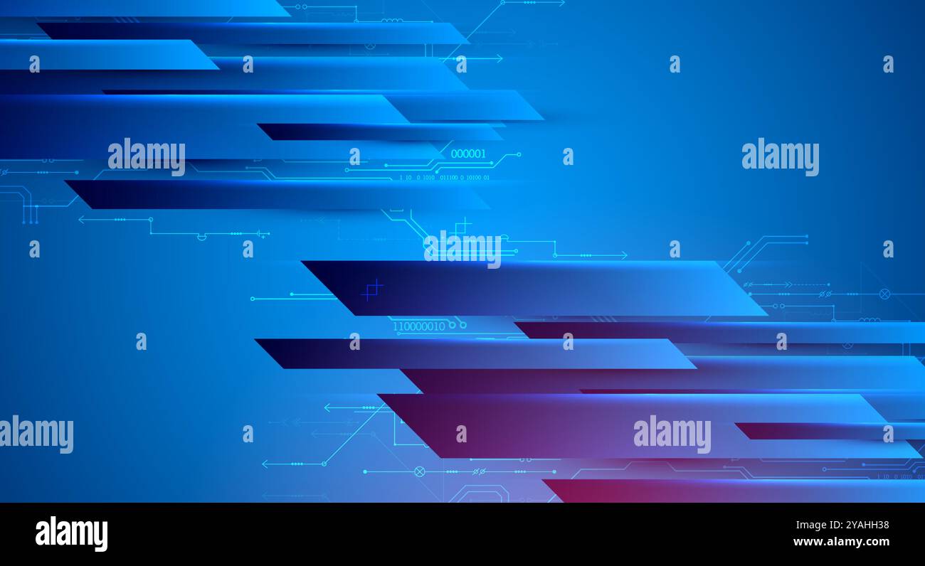 Abstract technological illustration with neon lights on a dark blue ...