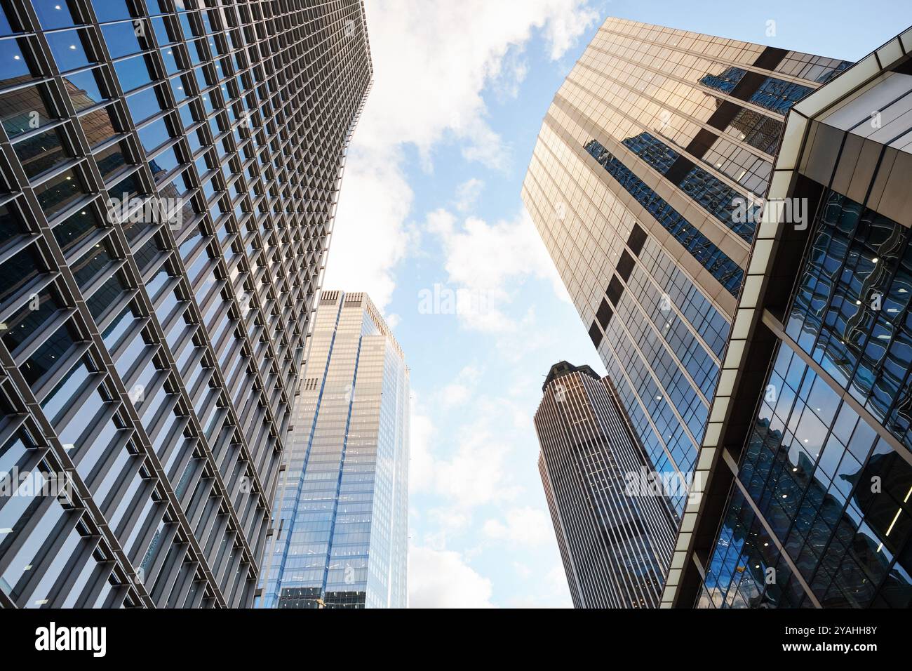 Looking up at modern city skyscrapers and financial buildings in City ...