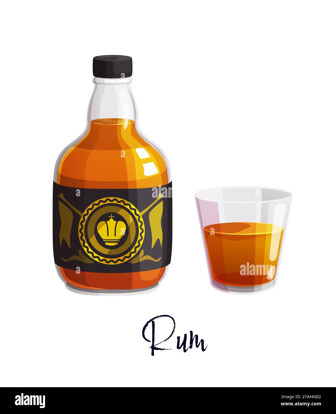 Rum alcohol bottle and a glass. Cartoon vector stout bottle with black ...