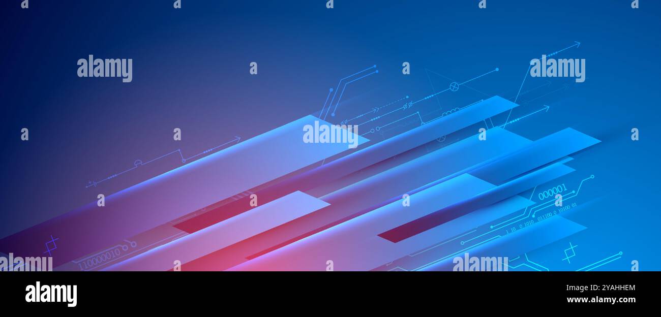 Abstract technological illustration with neon lights on a dark blue ...