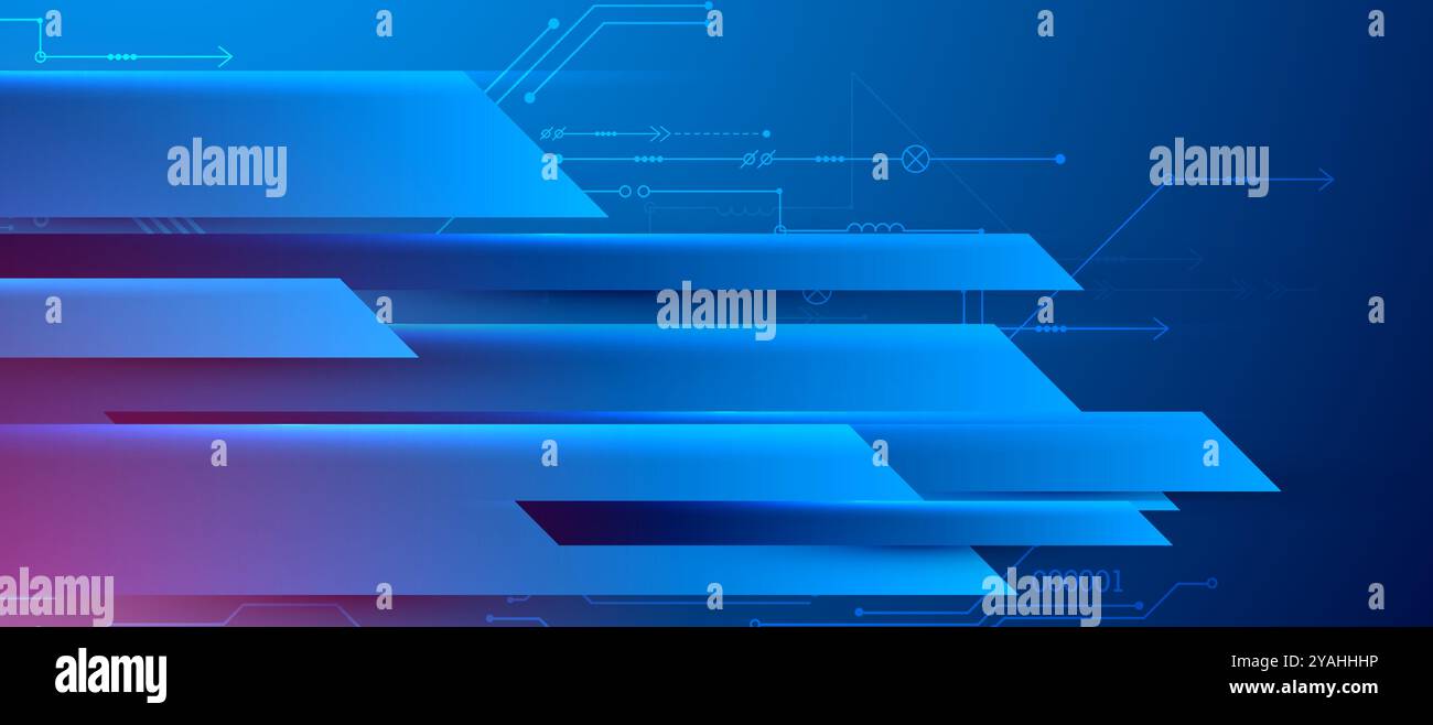 Abstract technological illustration with neon lights on a dark blue ...