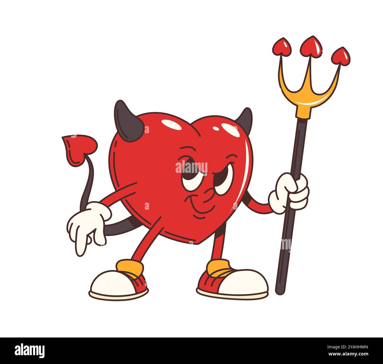 Groovy Halloween devil heart cartoon character with trident and evil ...