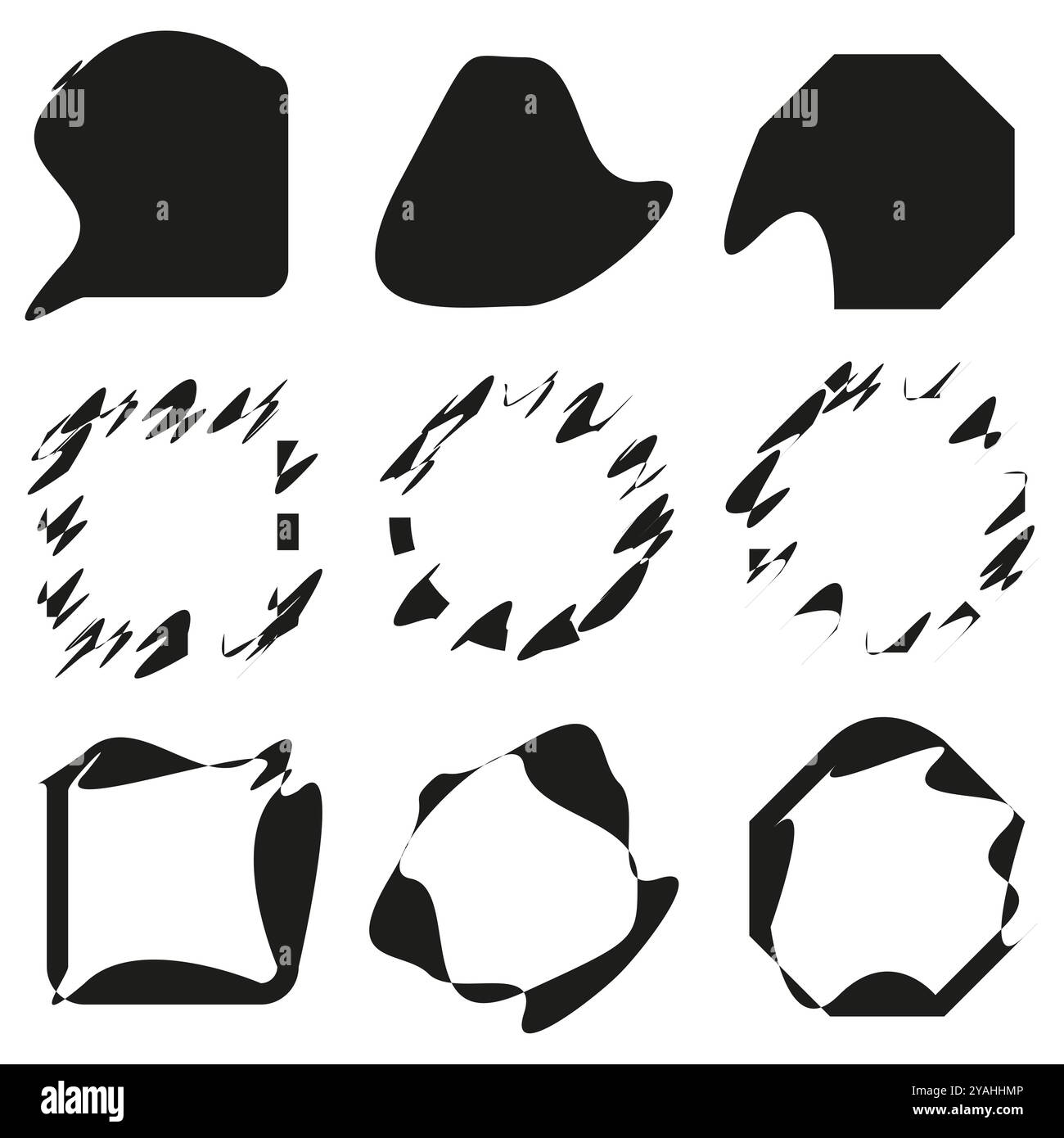 Distorted abstract shapes. Black irregular forms. Geometric frame icons. Grunge outline symbols ...