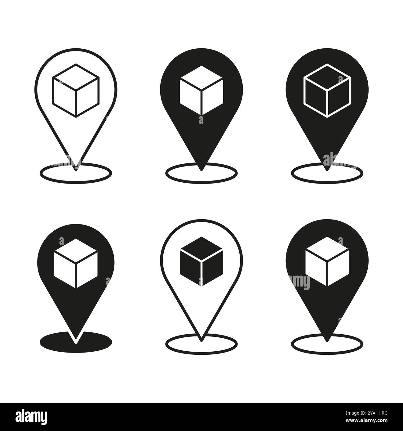 Six location pin icons with cubes, ideal for logistics, package ...