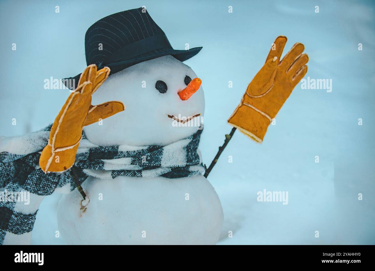 Snowman with light star in Christmas day. Snowman in a scarf and hat ...