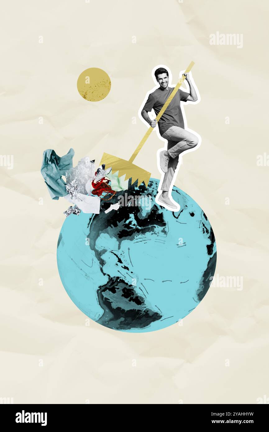 Vertical photo collage of happy man cleaner sweep broom earth planet ...
