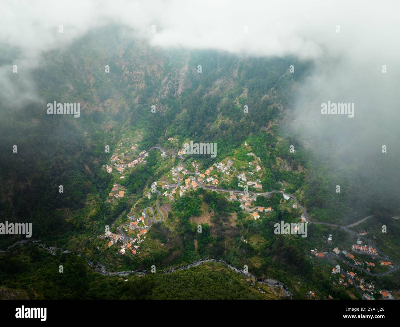 Aerial view of Curral das Freiras village. Miradouro da Eira do Serrado ...