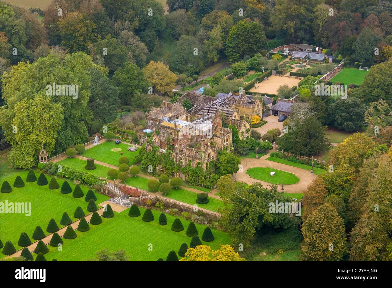 Parnham House, Beaminster, Dorset, UK. 14th October 2024. Aerial view ...