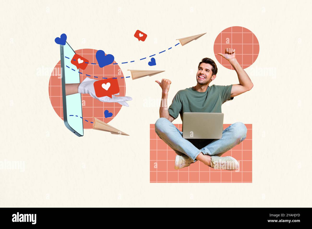 Creative collage picture young cheerful map blogger social media ...