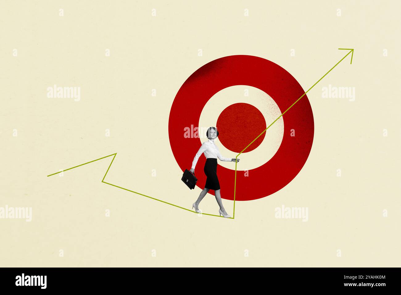 Composite photo collage of happy girl walk promotion arrow wear formal ...