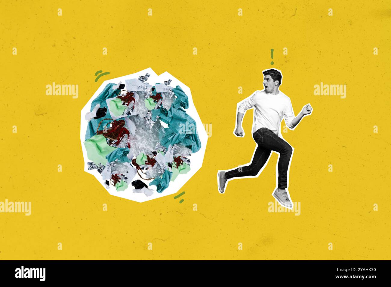Composite photo collage of scared panic man run garbage pile circle ...