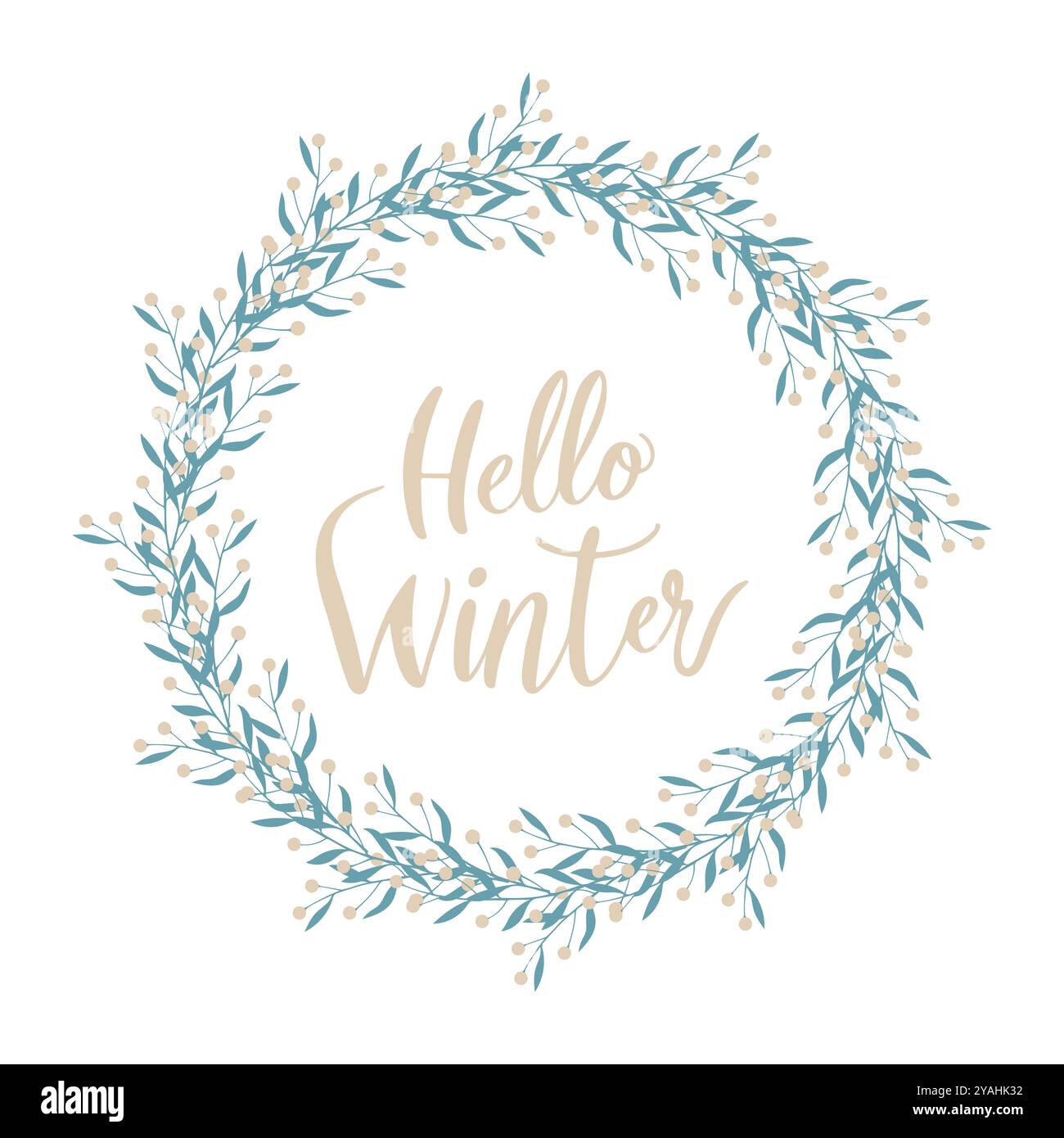 Hello Winter text lettering in round wreath of doodle branches of blue ...