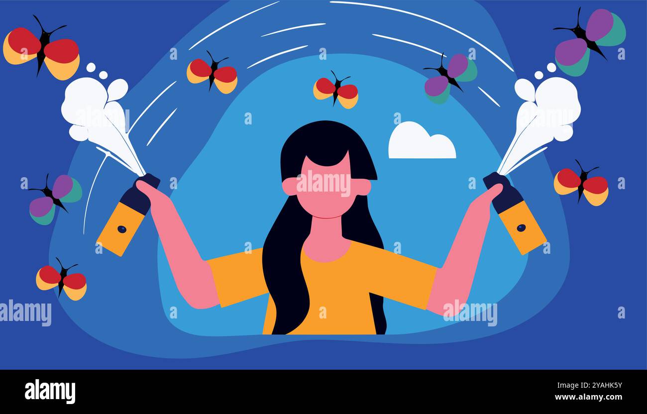 A woman is spraying something at a swarm of bugs. The spray is coming ...