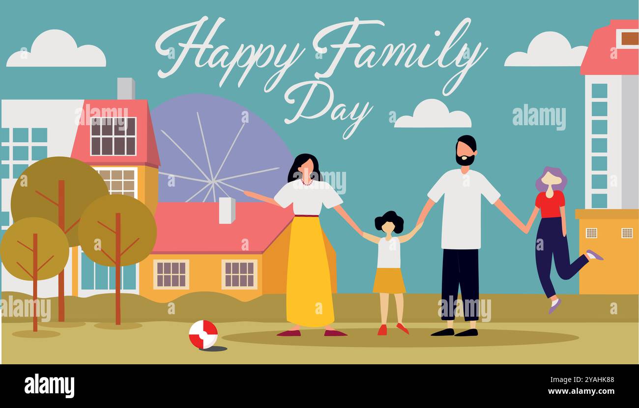 A family is shown in a park, with a banner above them that says Happy ...
