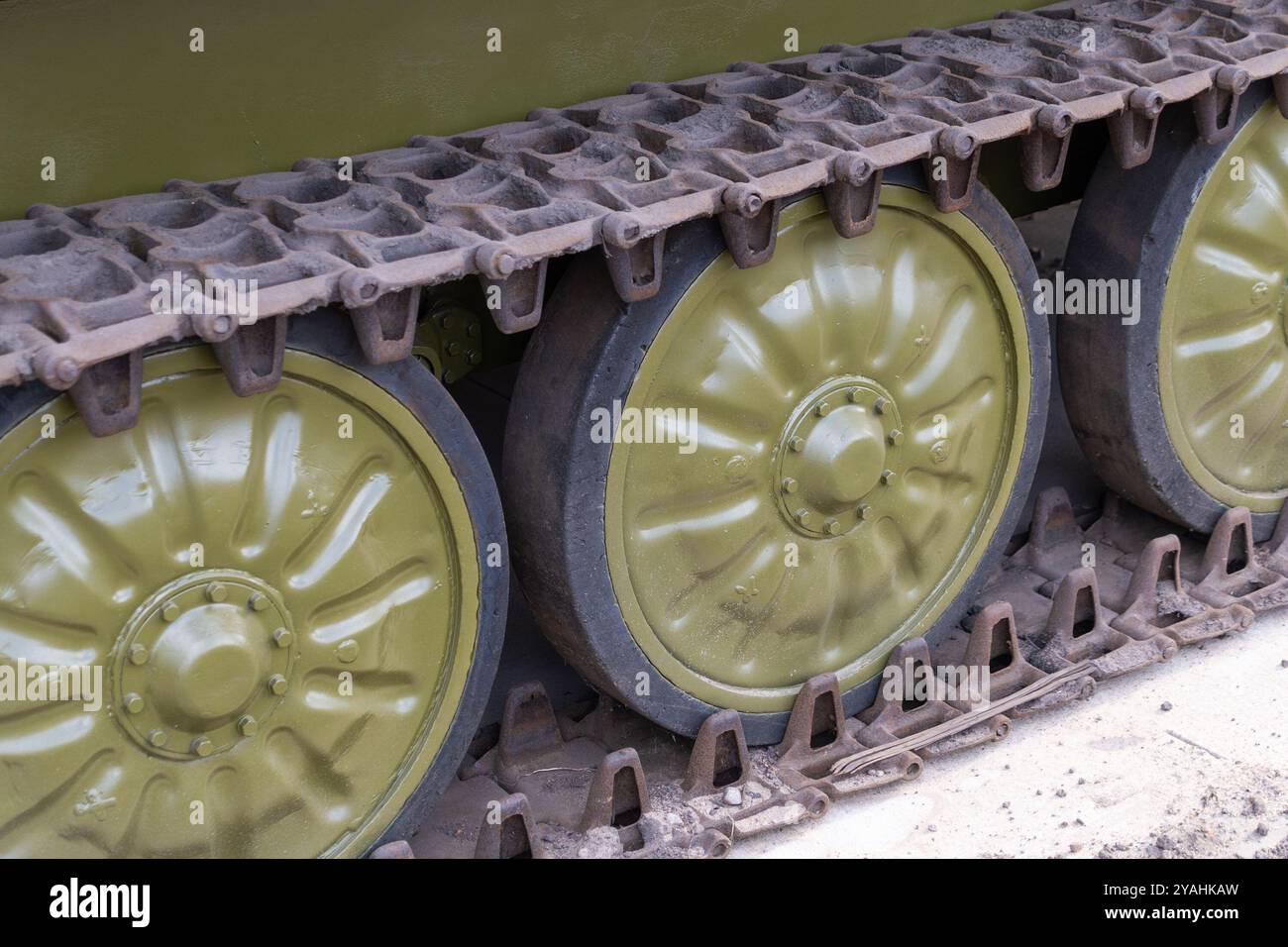 Continuous track or tracked threads of a Soviet tank, close-up. Details ...