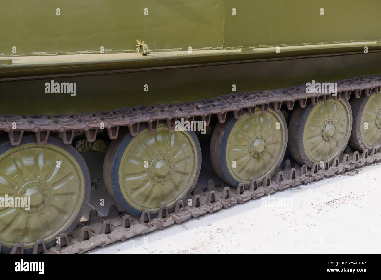 Continuous track or tracked threads of a Soviet tank, close-up. Details ...