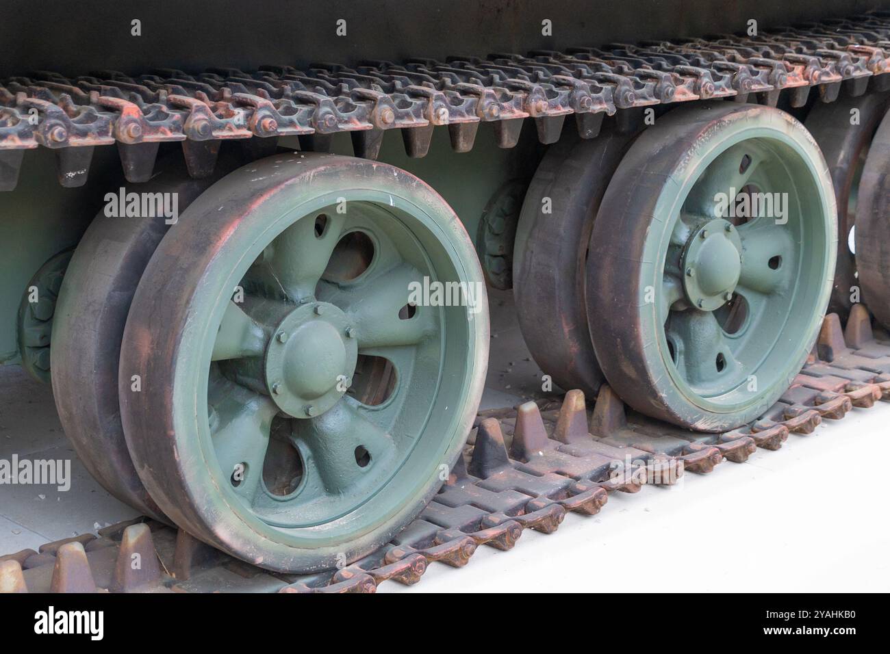 Continuous track or tracked threads of a Soviet tank, close-up. Details ...