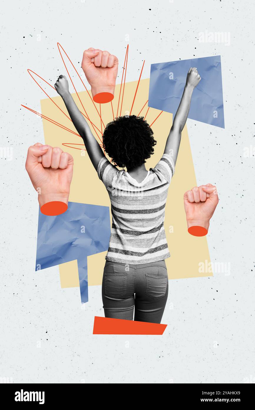 Composite trend artwork sketch image collage of young lady gesture fist ...