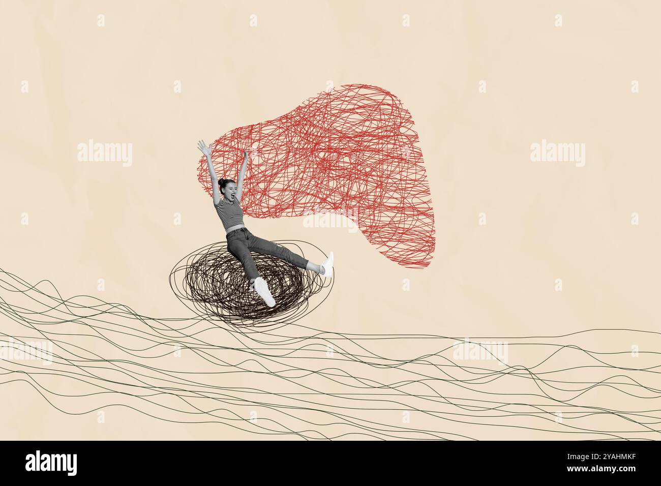 Creative collage picture young girl energetic happy mood raise hands ...