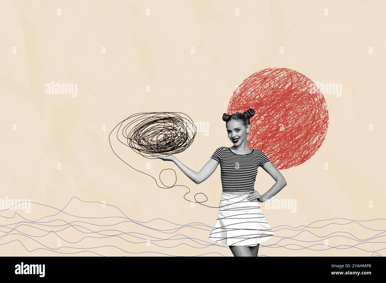 Creative collage picture young cheerful pretty girl mental issues ...