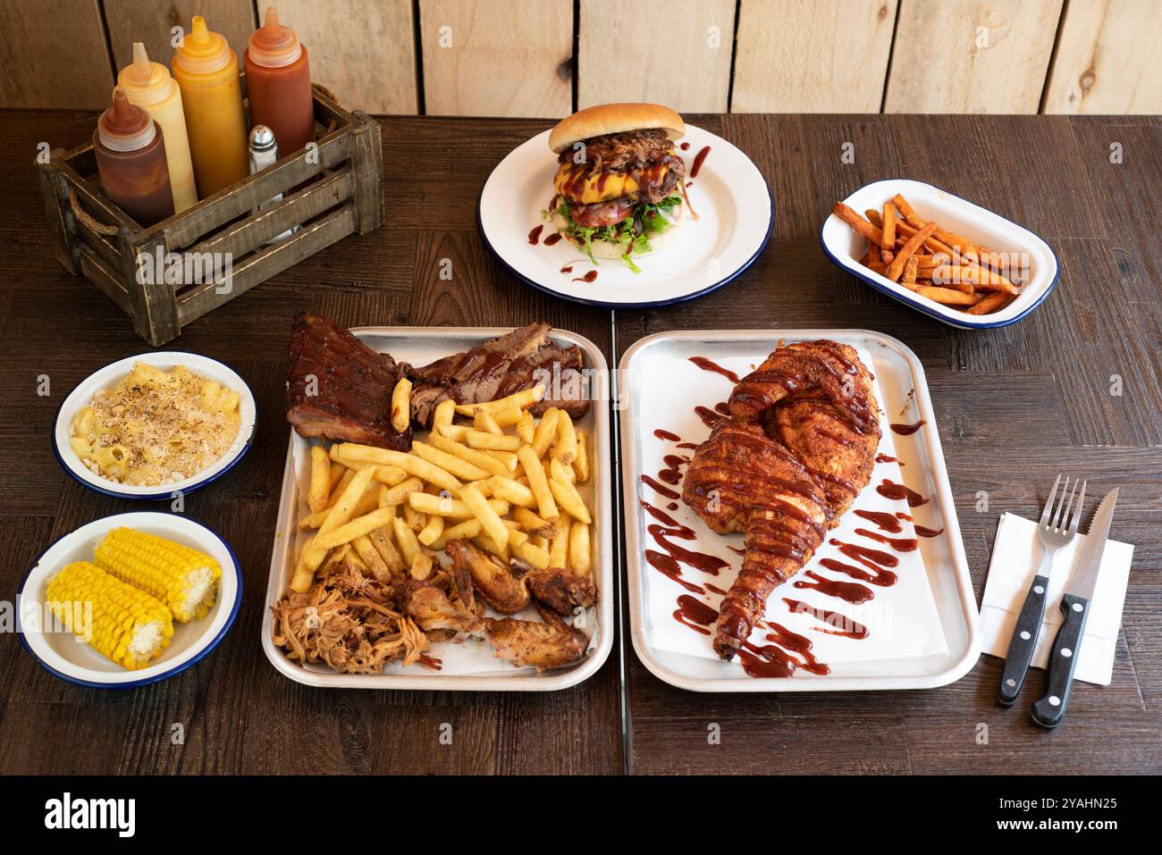 BBQ restaurant dishes including BBQ chicken, ribs, pulled port, beef ...