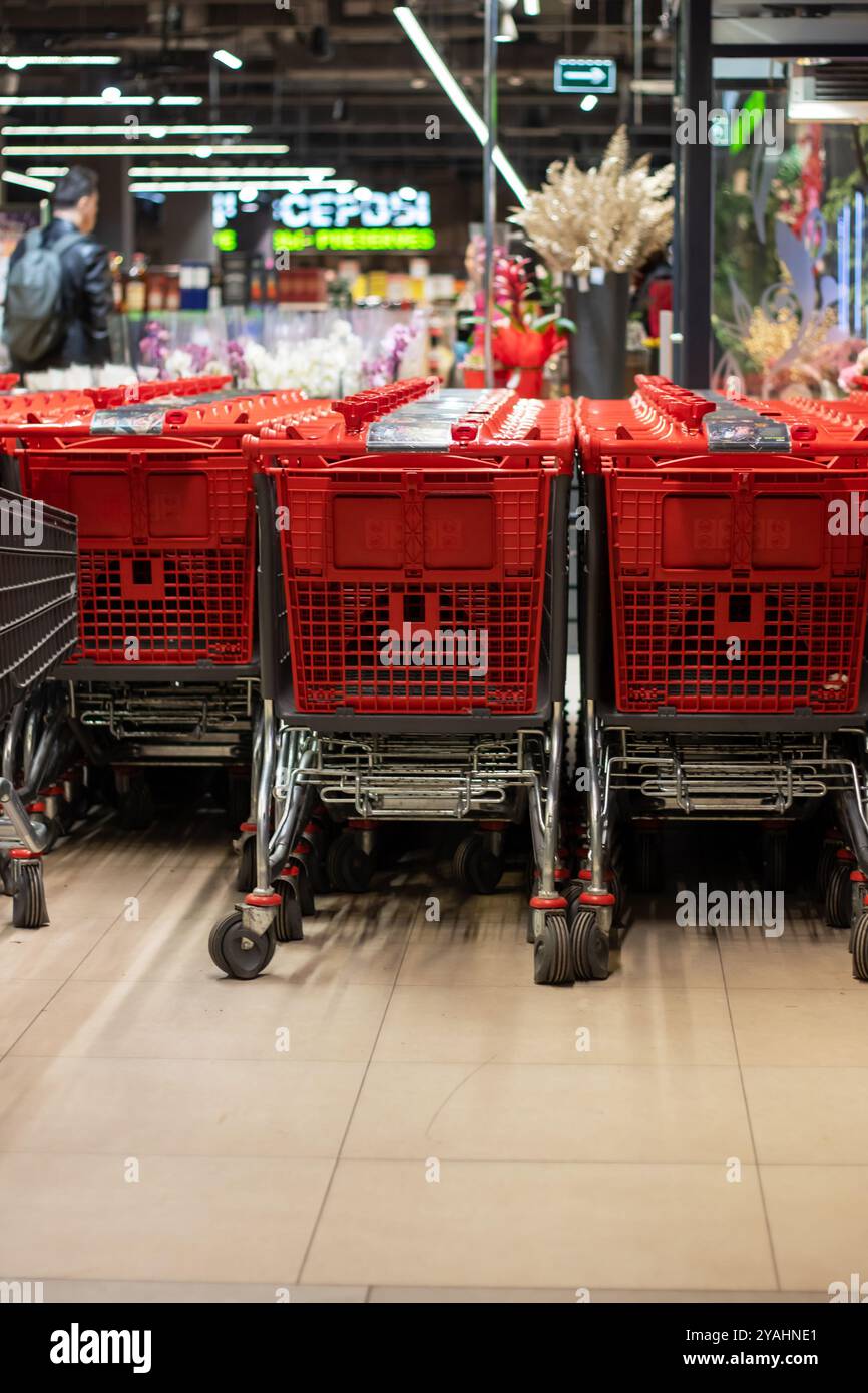 A vibrant row of red shopping carts can be seen in the bustling aisles ...