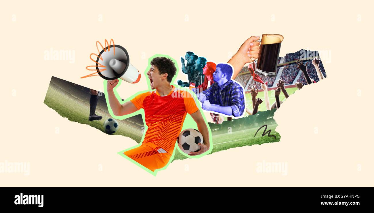 Emotional soccer player in orange uniform shouting in megaphone while ...