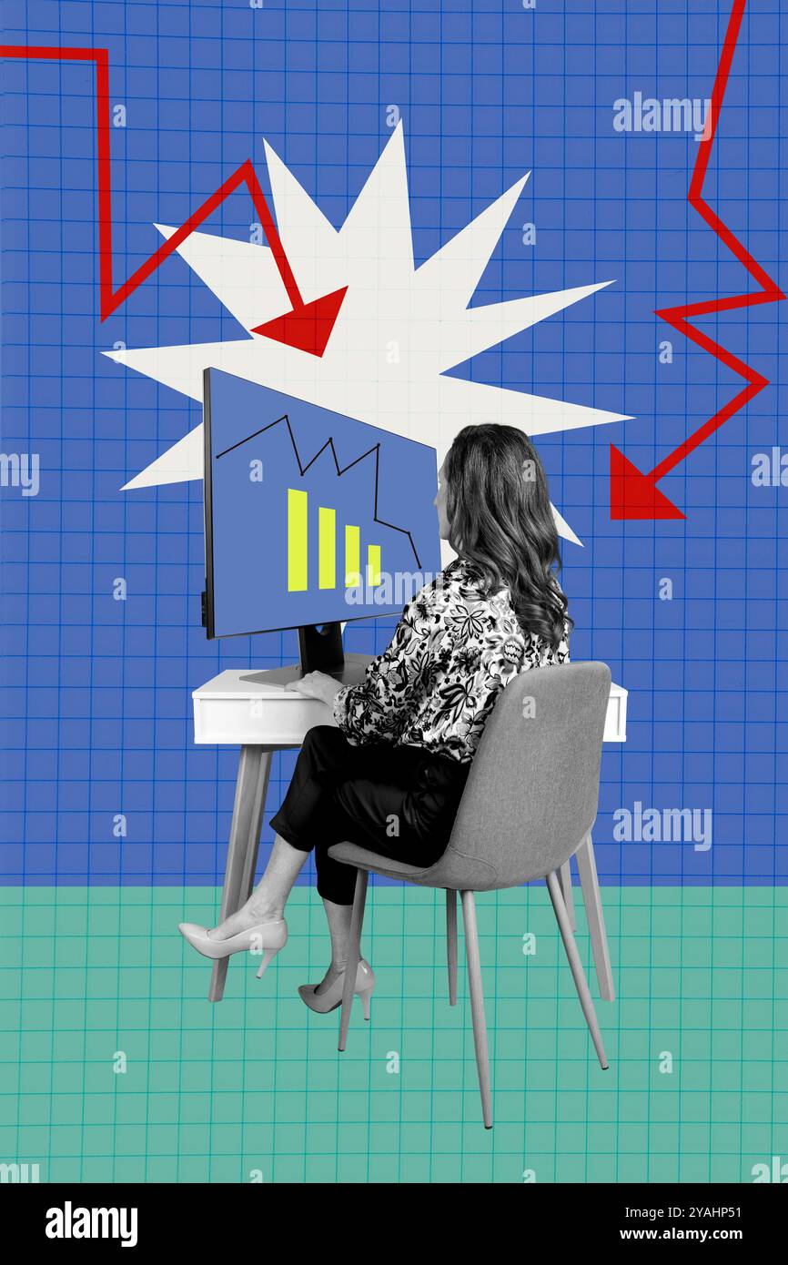 Vertical photo collage of business girl sit office workplace pc monitor ...