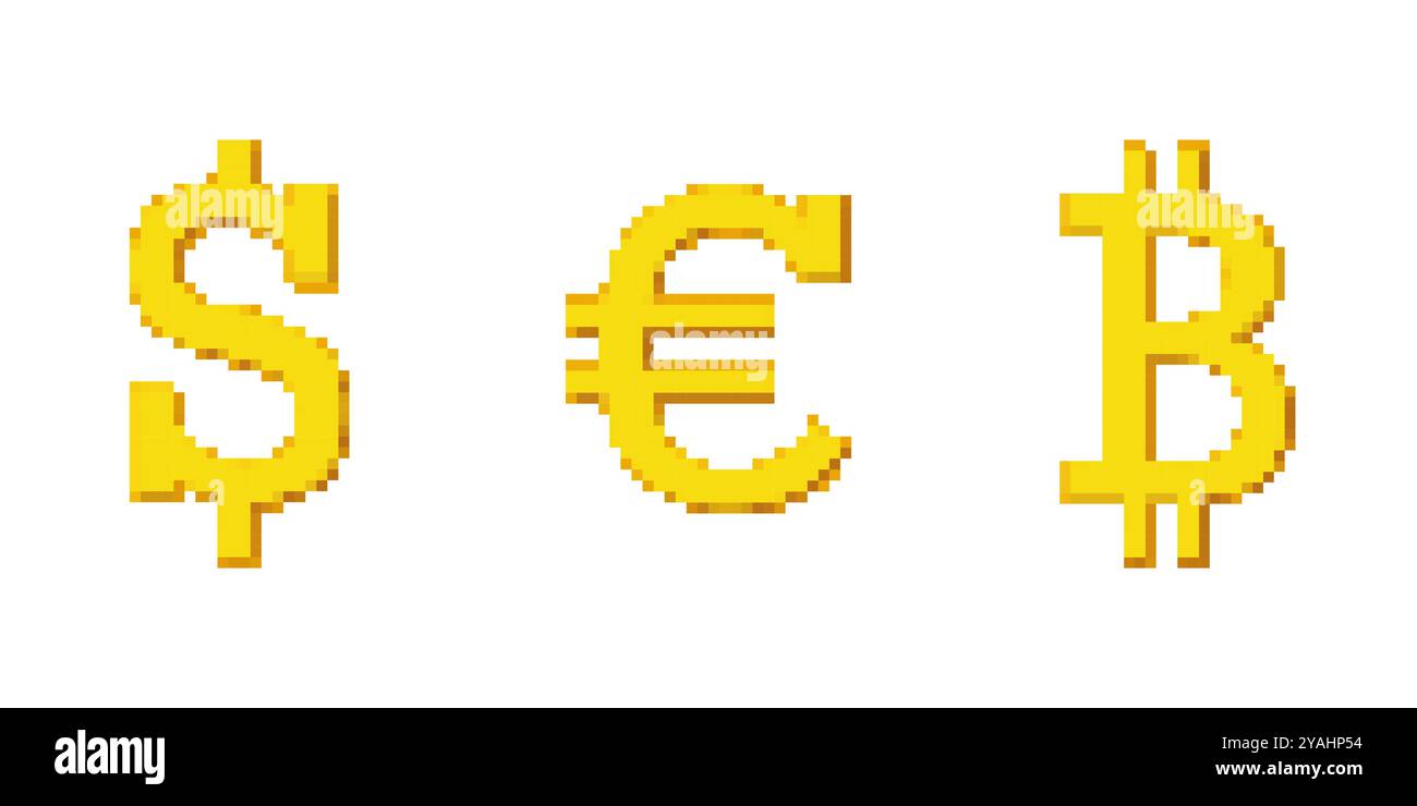 Pixel Art Coins of Dollar, Bitcoin, and Euro. Golden Retro Pixelated ...