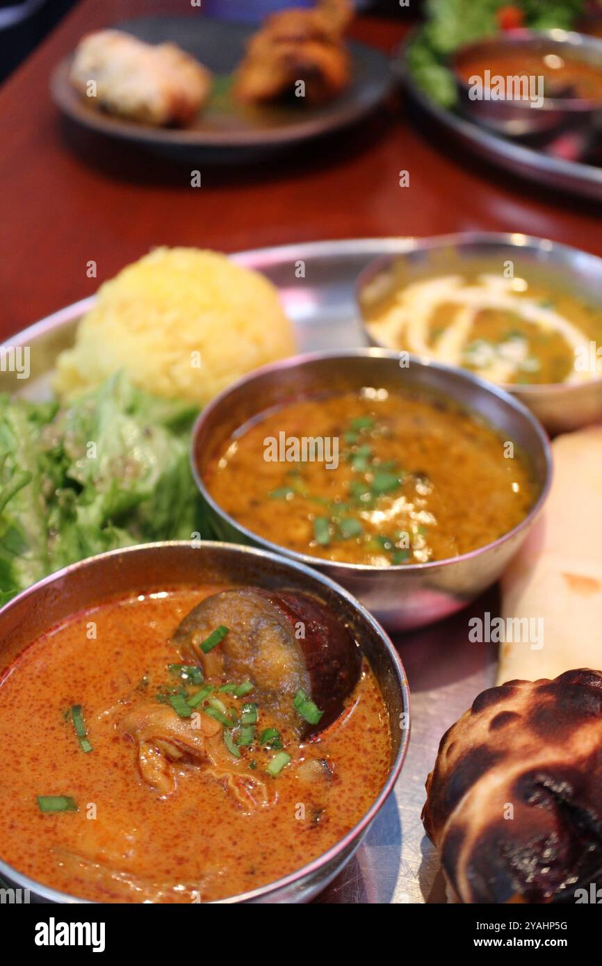 Indian cuisine: curry lunch plate (oyster and eggplant curry, chicken ...