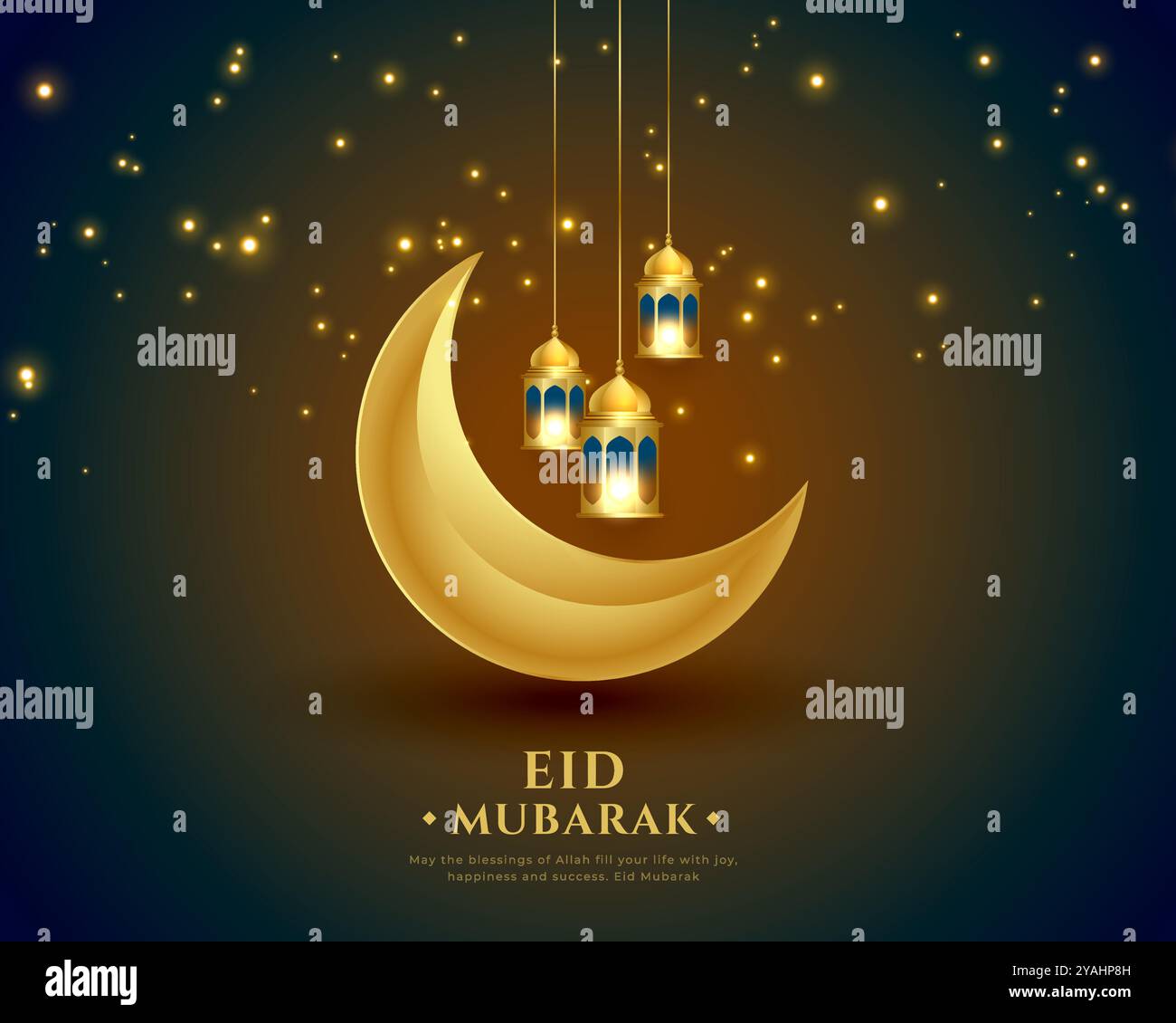 shiny eid mubarak invitation card with 3d crescent and lamp vector ...