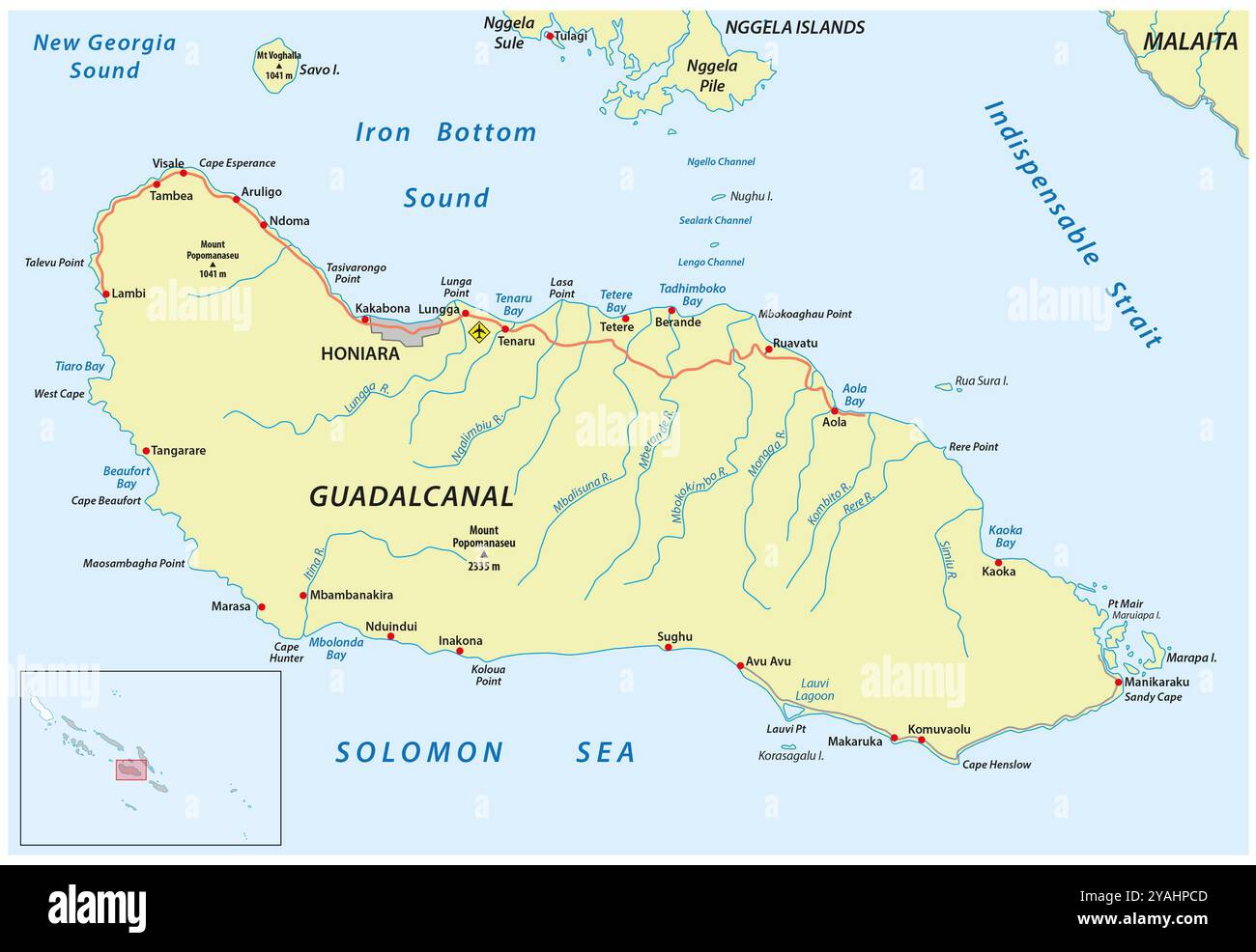 Detailed map of the Solomon Island Guadalcanal Stock Photo - Alamy