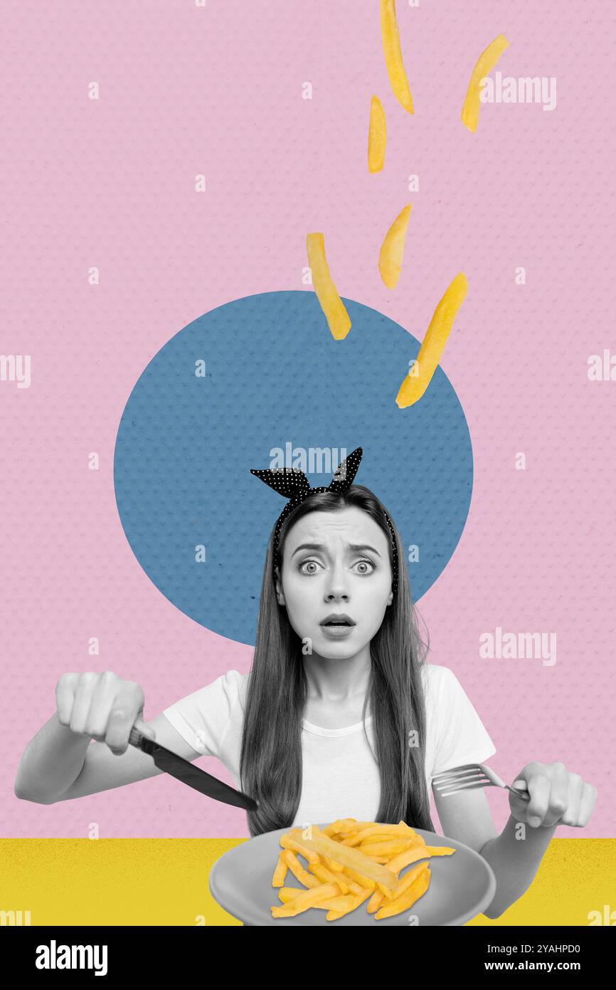 Creative poster collage of stressed young female eat french fried ...