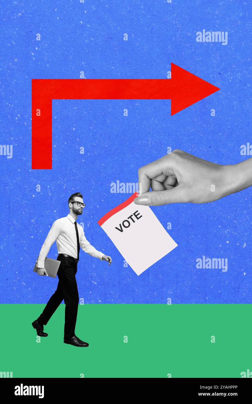 Composite trend artwork sketch photo collage of choice candidate election hand hold document ...