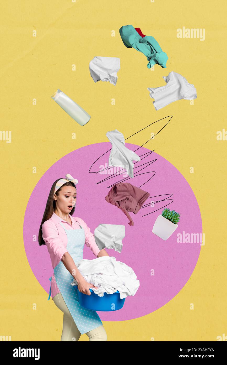 Vertical photo collage of dissatisfied shocked housemaid carry heavy ...