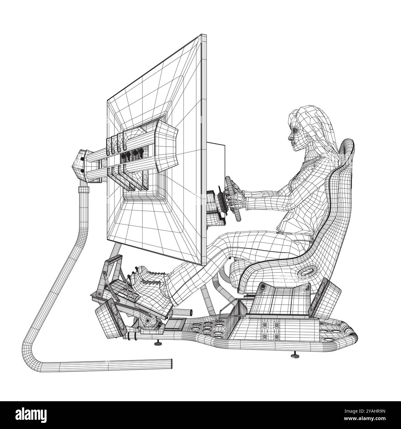 Wireframe of a girl sitting at a realistic gaming simulator with a ...