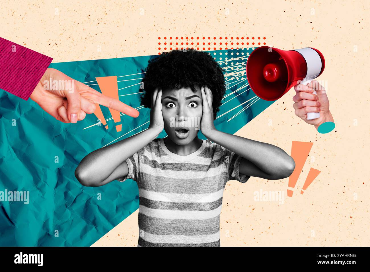 Composite photo collage of shocked american girl shut ears fake ...