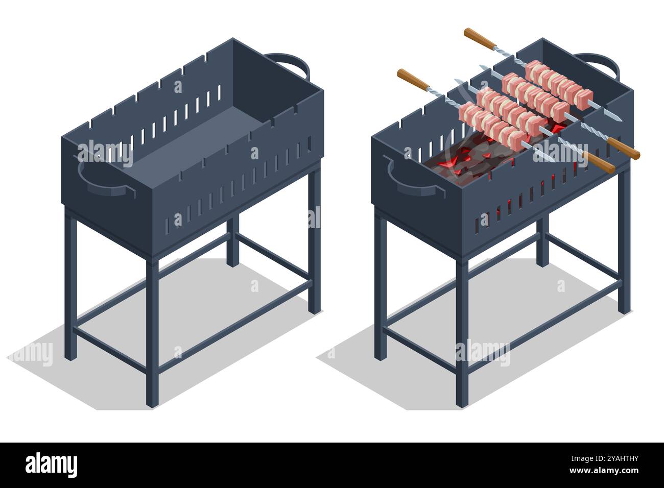 An isometric illustration of a barbecue grill, showcasing food being ...