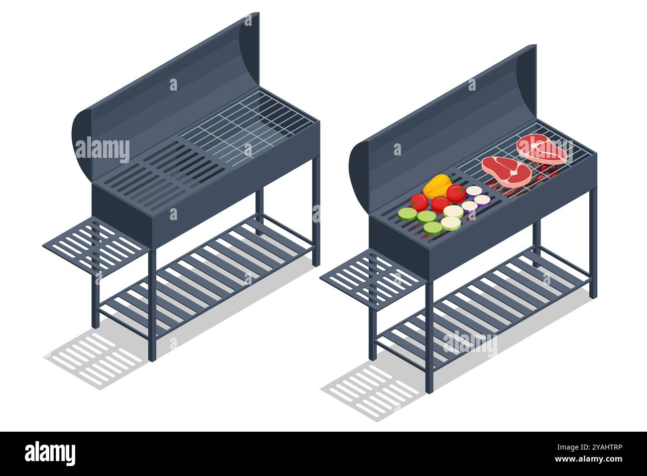 Isometric BBQ scene featuring a grill with various meats and vegetables ...