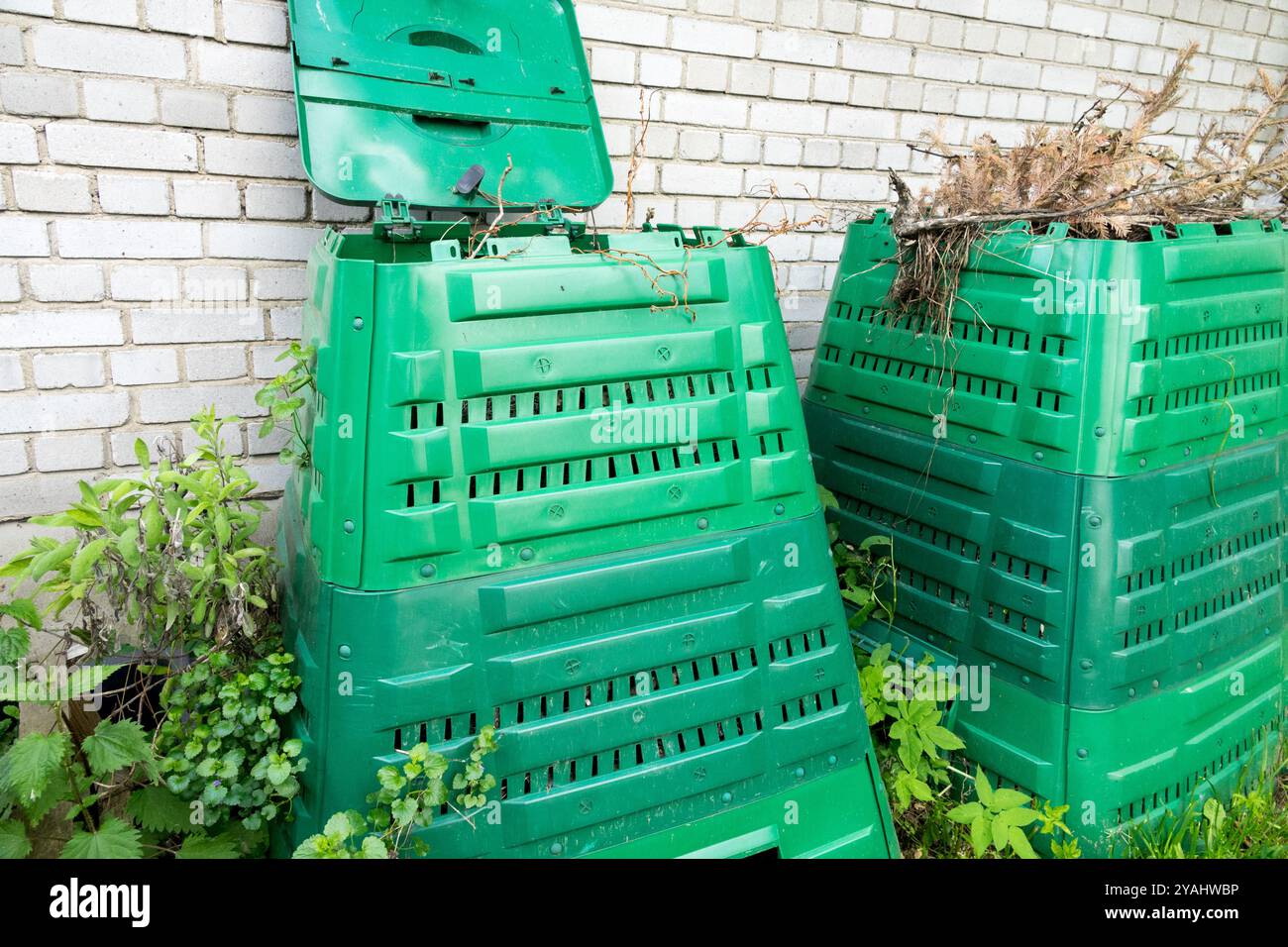 Plastic Composters Bins Composting Garden Waste Stock Photo - Alamy