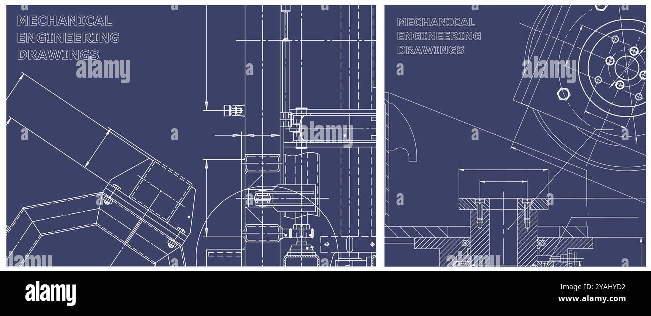 Blueprint illustration set. Engine line drawing background. Mechanical ...