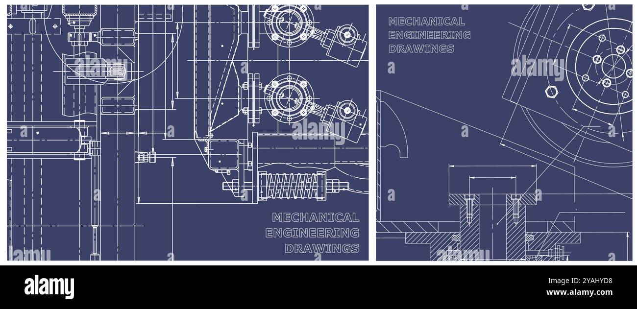 Blueprint illustration set. Mechanical engineering drawing. Engine line ...