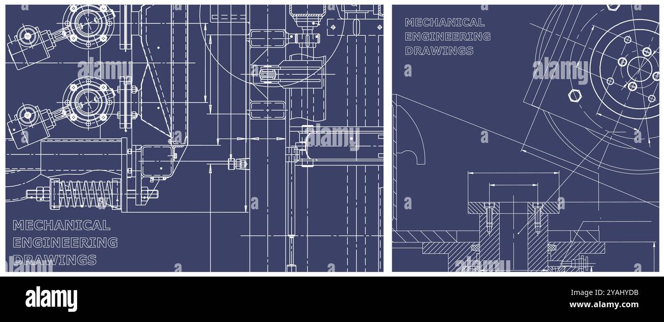 Blueprint illustration set. Mechanical engineering drawing. Engine line ...