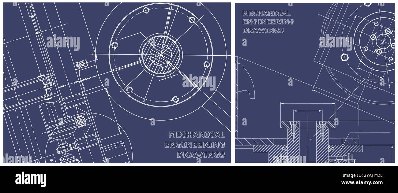 Blueprint illustration set. Mechanical engineering drawing. Engine line ...