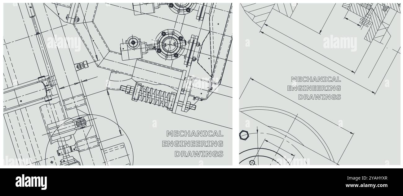 Blueprint illustration set. Engine line drawing background. Mechanical ...