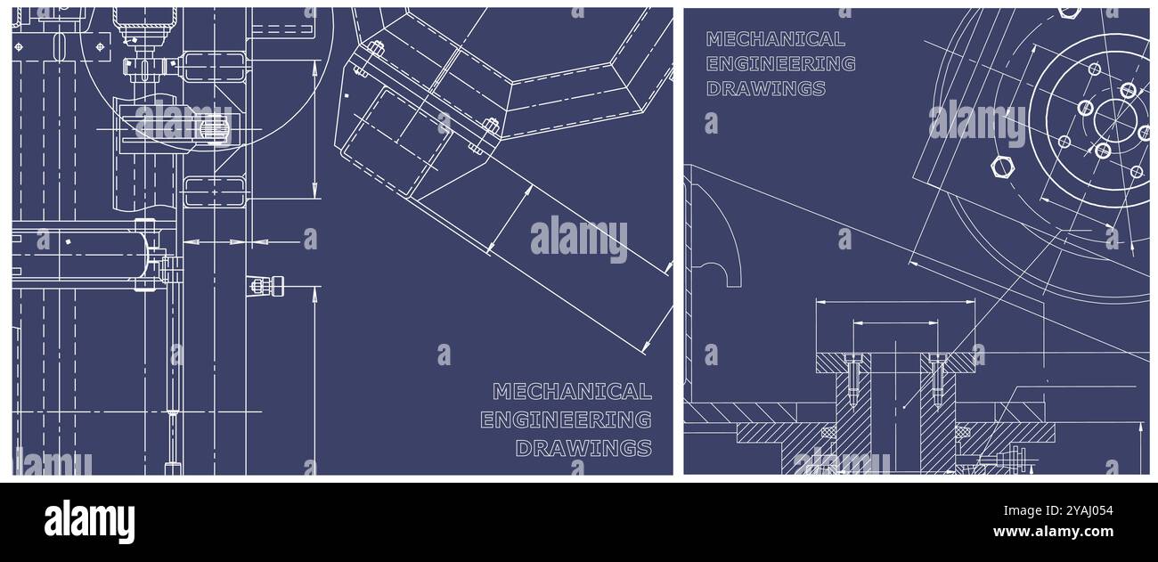 Blueprint illustration set. Engine line drawing background. Mechanical ...
