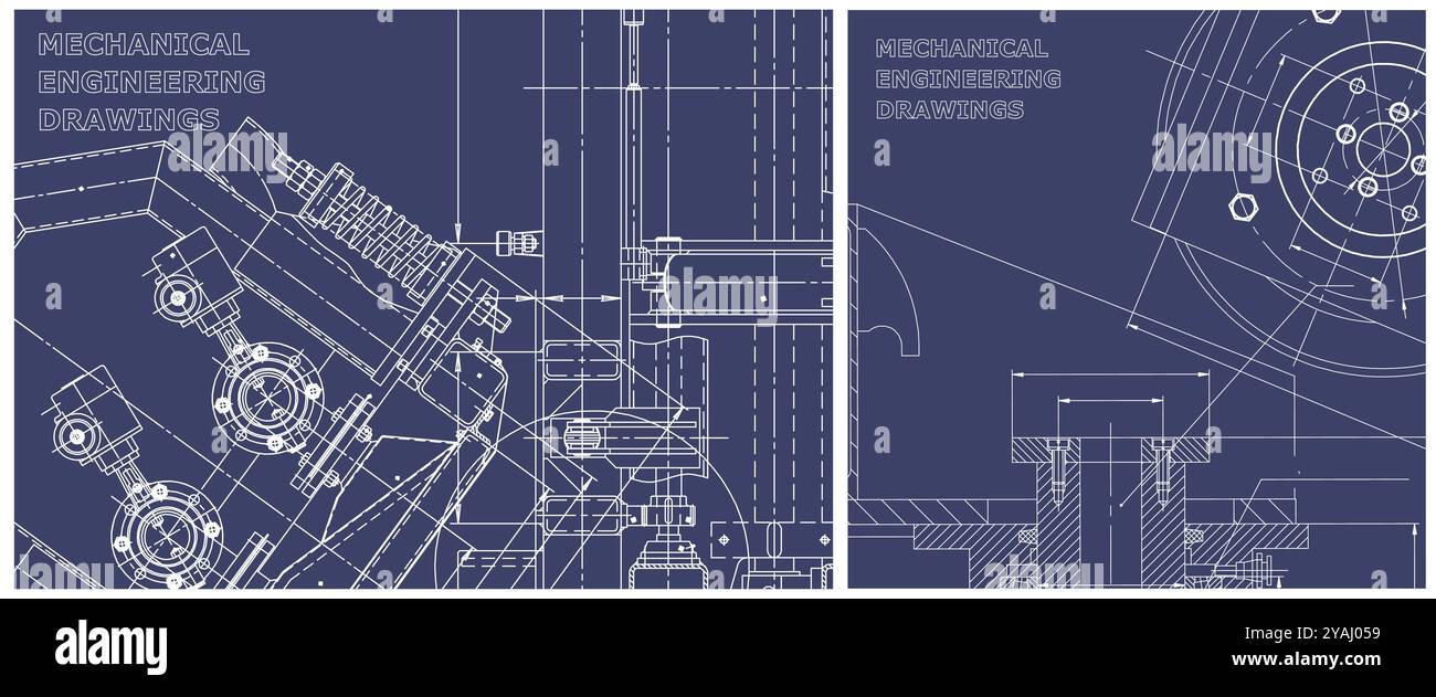 Blueprint illustration set. Mechanical engineering drawing. Engine line ...