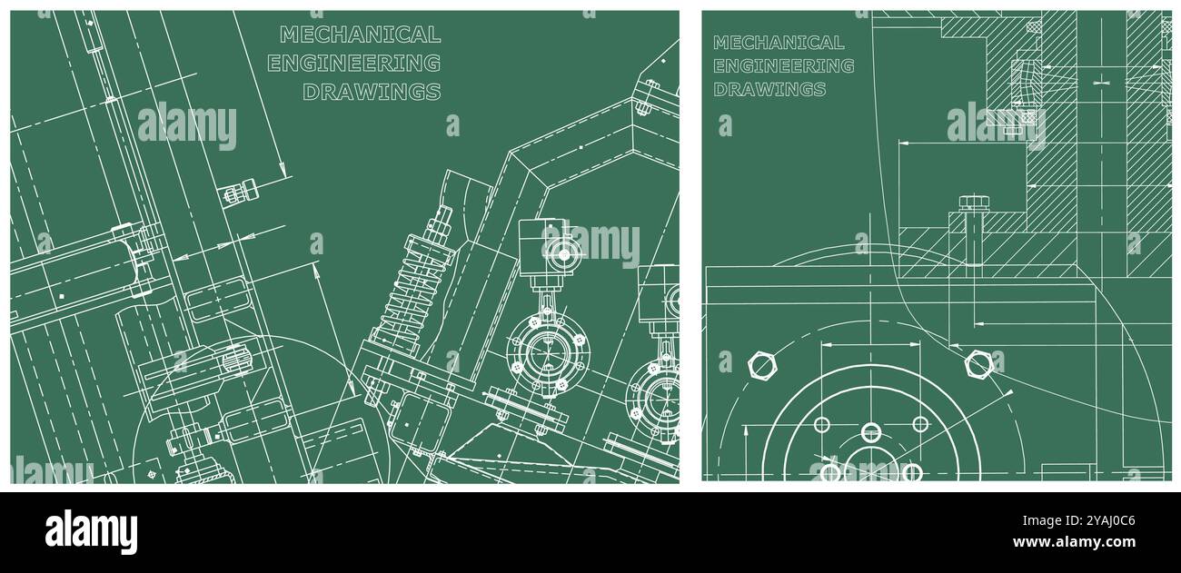 Blueprints set. Engine line drawing background. Mechanical engineering ...
